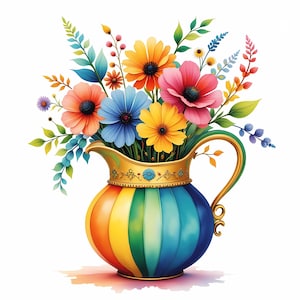 10 Vase of Flowers Clip Art, High Res JPG, Rainbow Watercolor Clipart ...