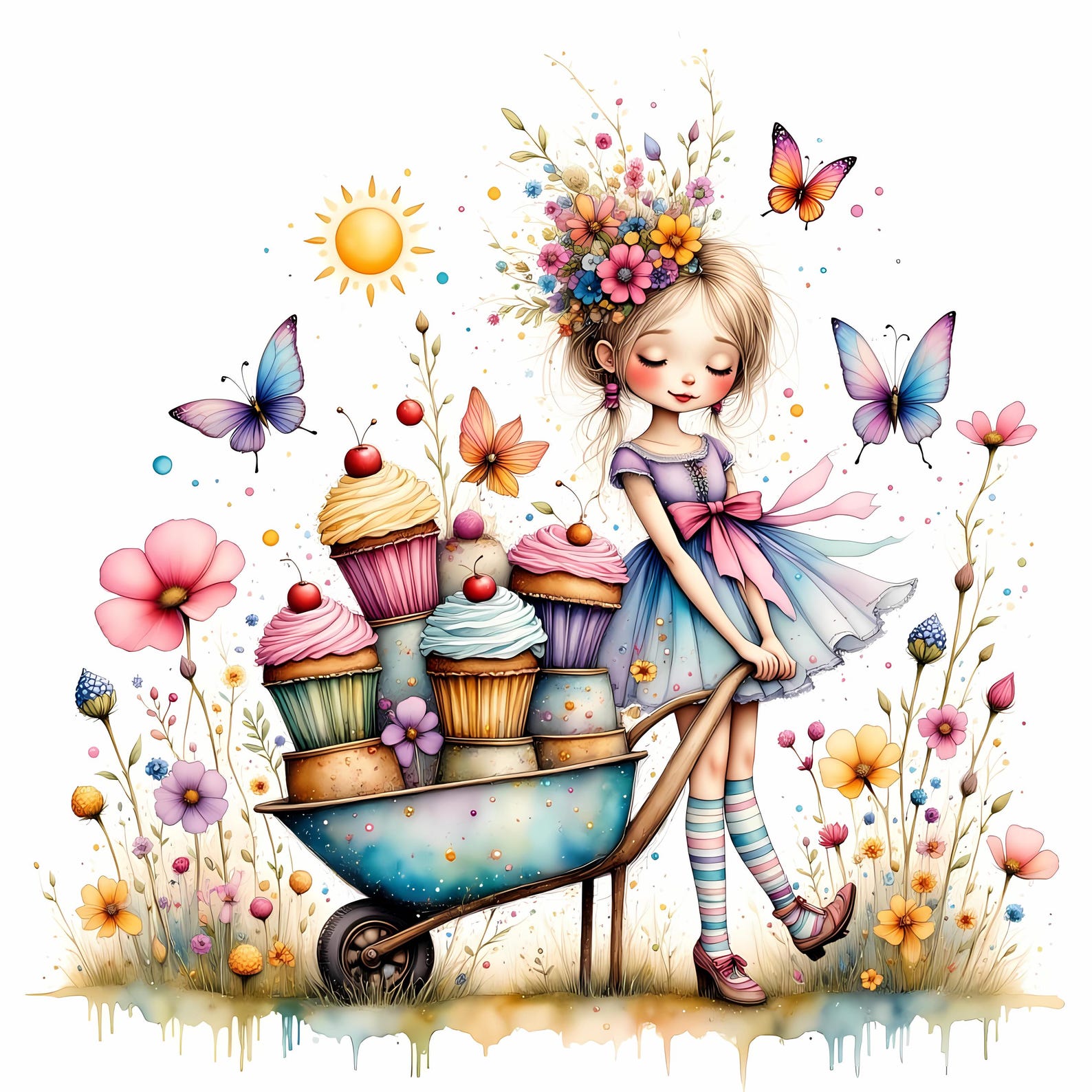 10 Quirky Girl With Cupcakes Clipart, High Res Watercolor Jpgs, Junk ...