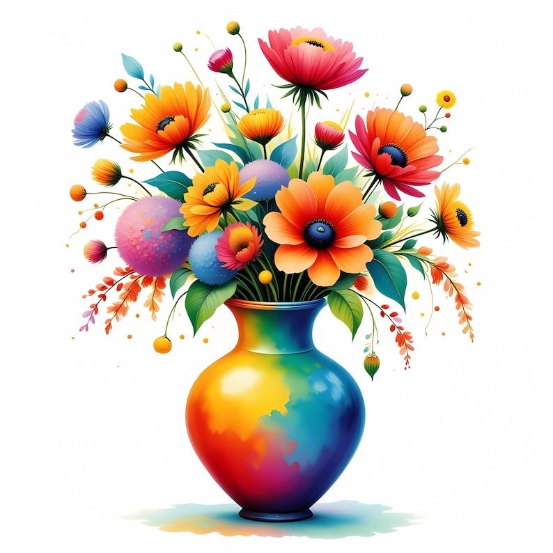 10 Vase of Flowers Clip Art, High Res JPG, Rainbow Watercolor Clipart ...