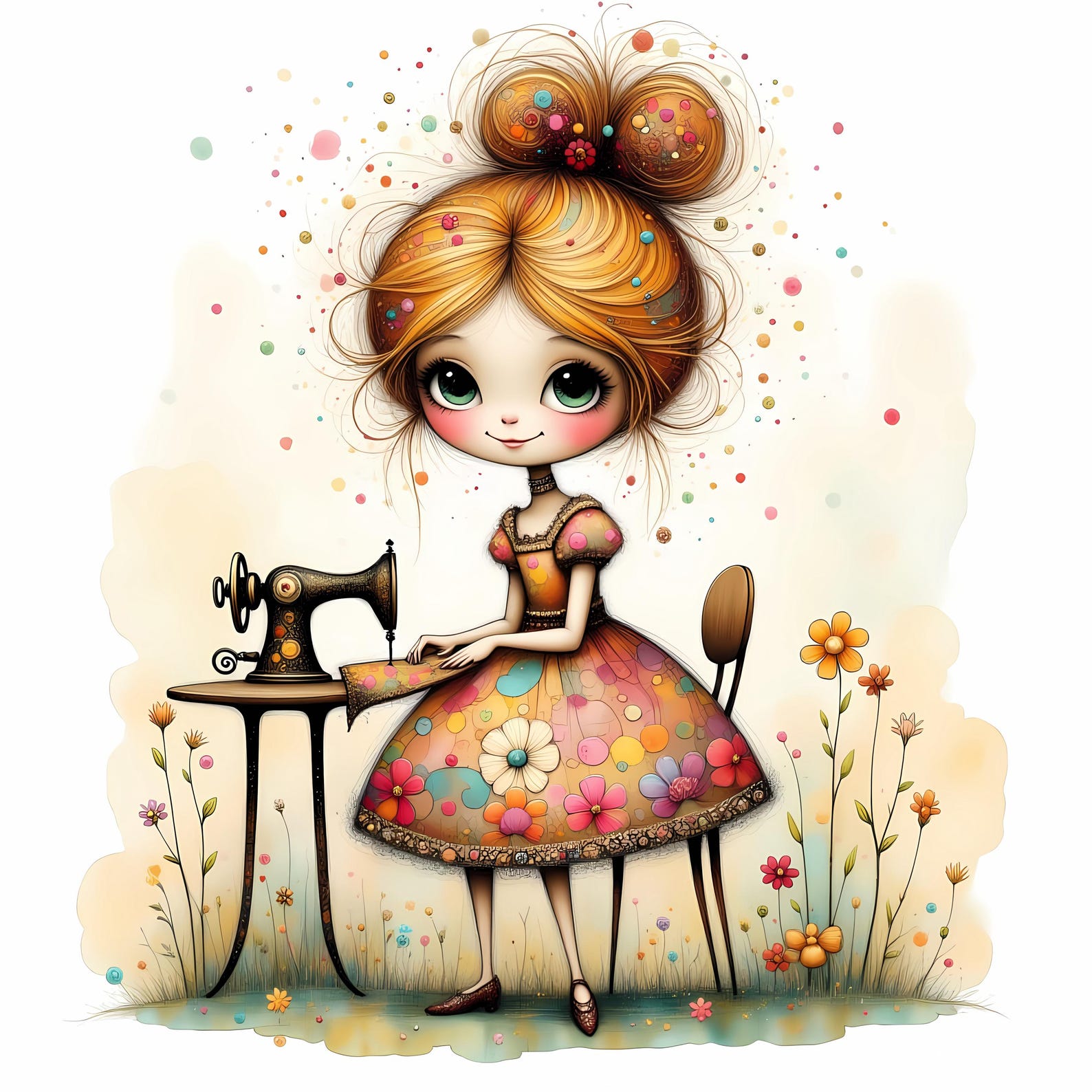 Whimsical Girl Sewing Clipart, 10 High Res Watercolor Jpgs for Junk ...
