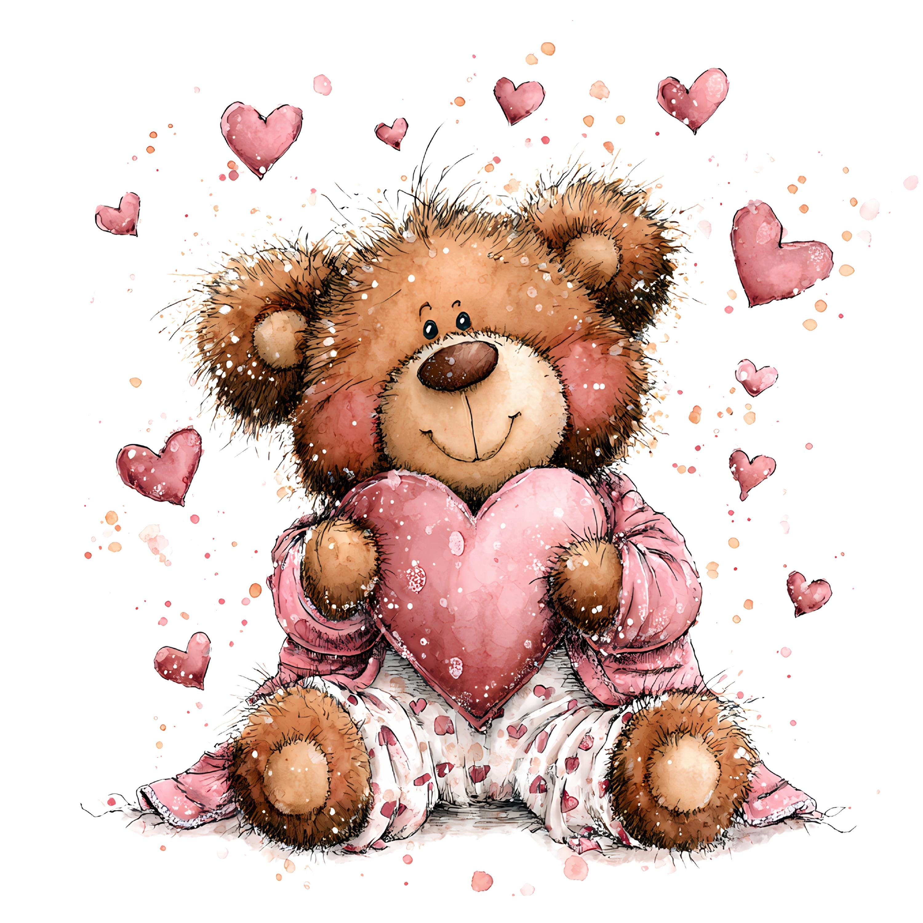 Teddy Bear Valentine's Day Clipart, 10 High Res Watercolor Pngs, Card ...