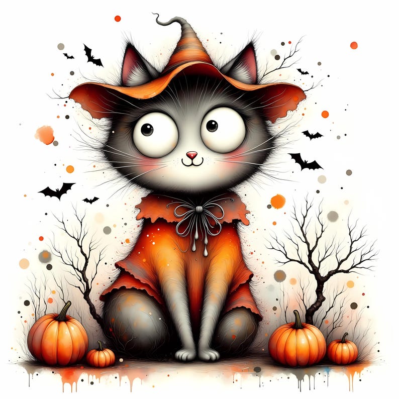 10 JPG Watercolor Halloween Quirky Black Cat Clipart, Pumpkin Clip Art ...