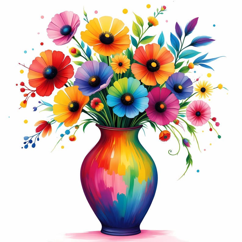 10 Vase of Flowers Clip Art, High Res JPG, Rainbow Watercolor Clipart ...