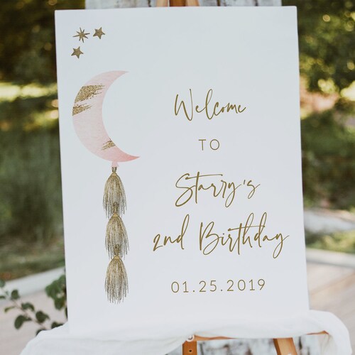 Moon Stars Welcome Sign Two the Moon Birthday Girl Celestial | Etsy