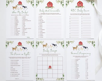 Farm Animals Baby Shower Games Bundle, Editable Baby Shower Games ...