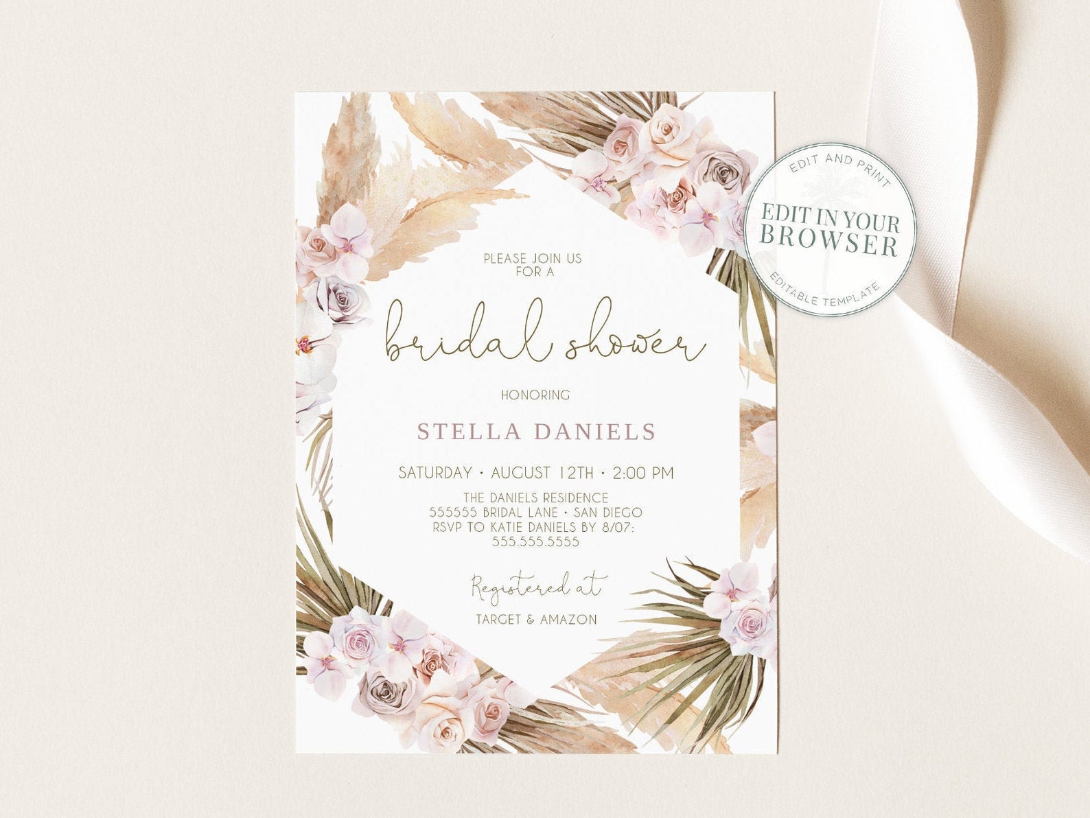 Boho Bridal Shower Invitation Instant Download Pampas Grass | Etsy