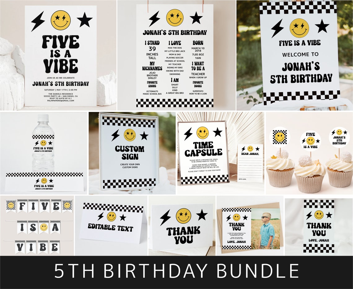 Five is a Vibe Birthday Invitation Bundle, Party Package Templates, 5th ...