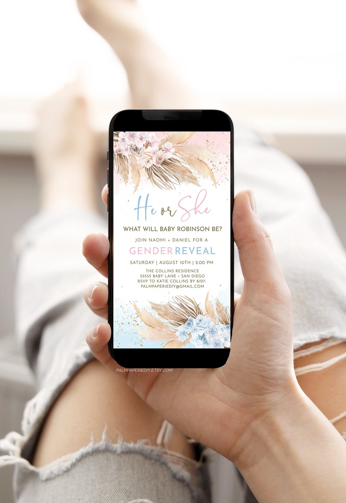 Boho Gender Reveal Invitation, Electronic Text Message Invite, Boho Boy ...
