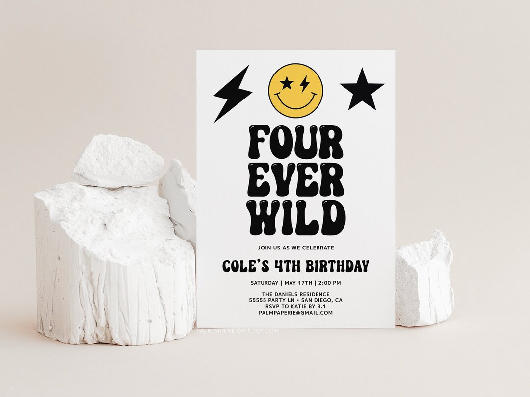 4th Birthday Invitation for Boy, Four Ever Wild, Smile Face Invites ...