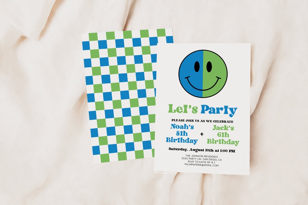 Combined Birthday Invitation for Boys, Joint Kids Party, Smile Happy ...