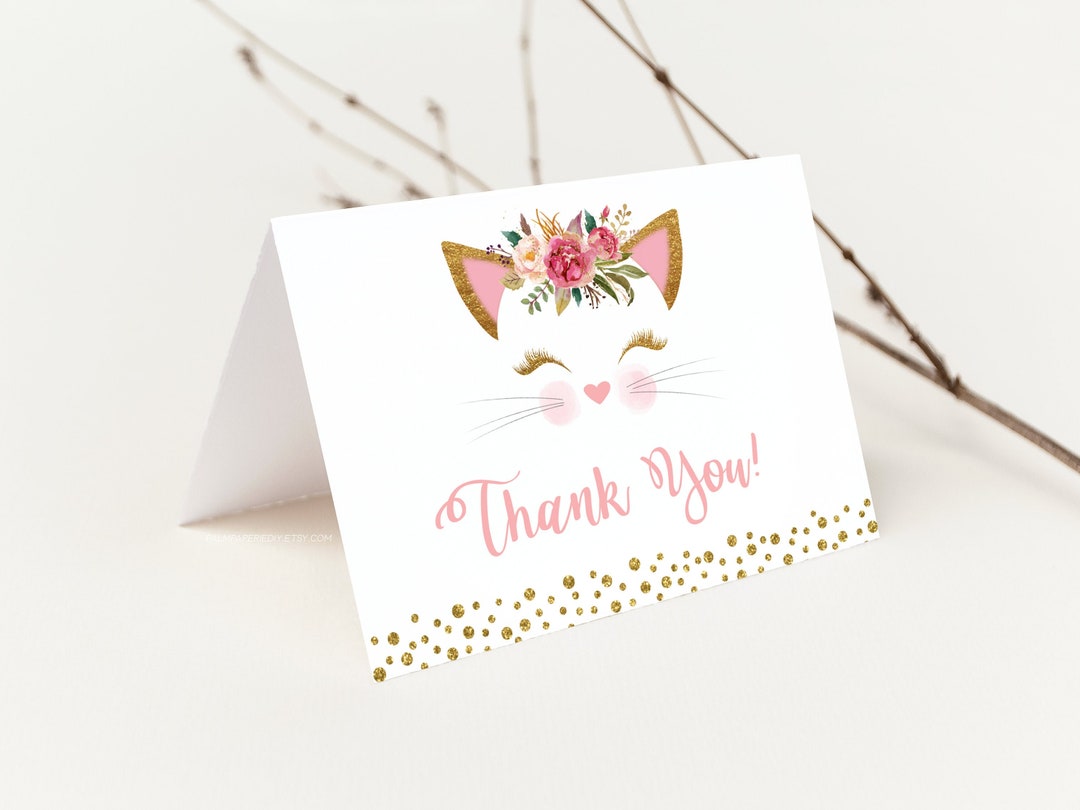 Kitten Thank You Card, Cat, Pink Gold, EDITABLE, DIY, Instant Download ...