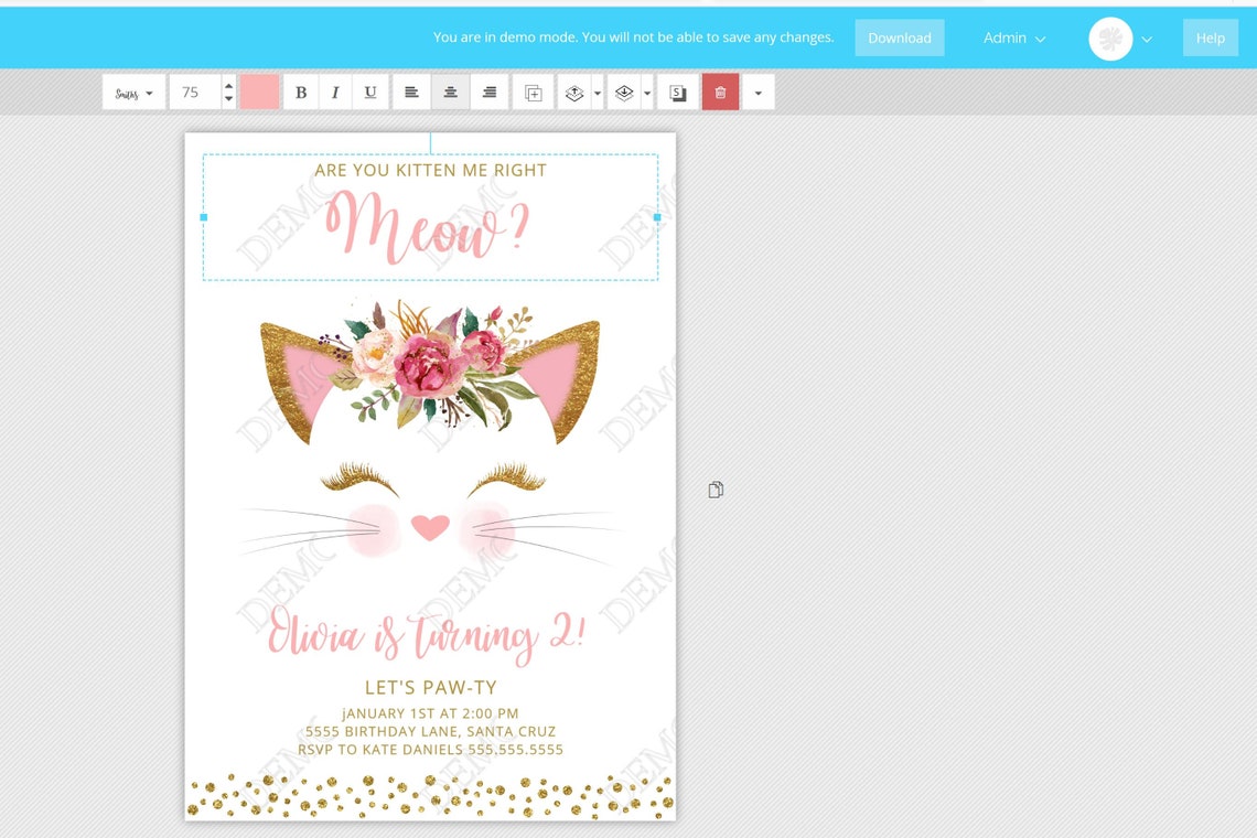 Kitten Birthday Invitation Invites Digital Cat Pink Gold - Etsy