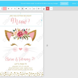 Kitten Birthday Invitation, Invites, Digital, Cat, Pink Gold, Glitter ...