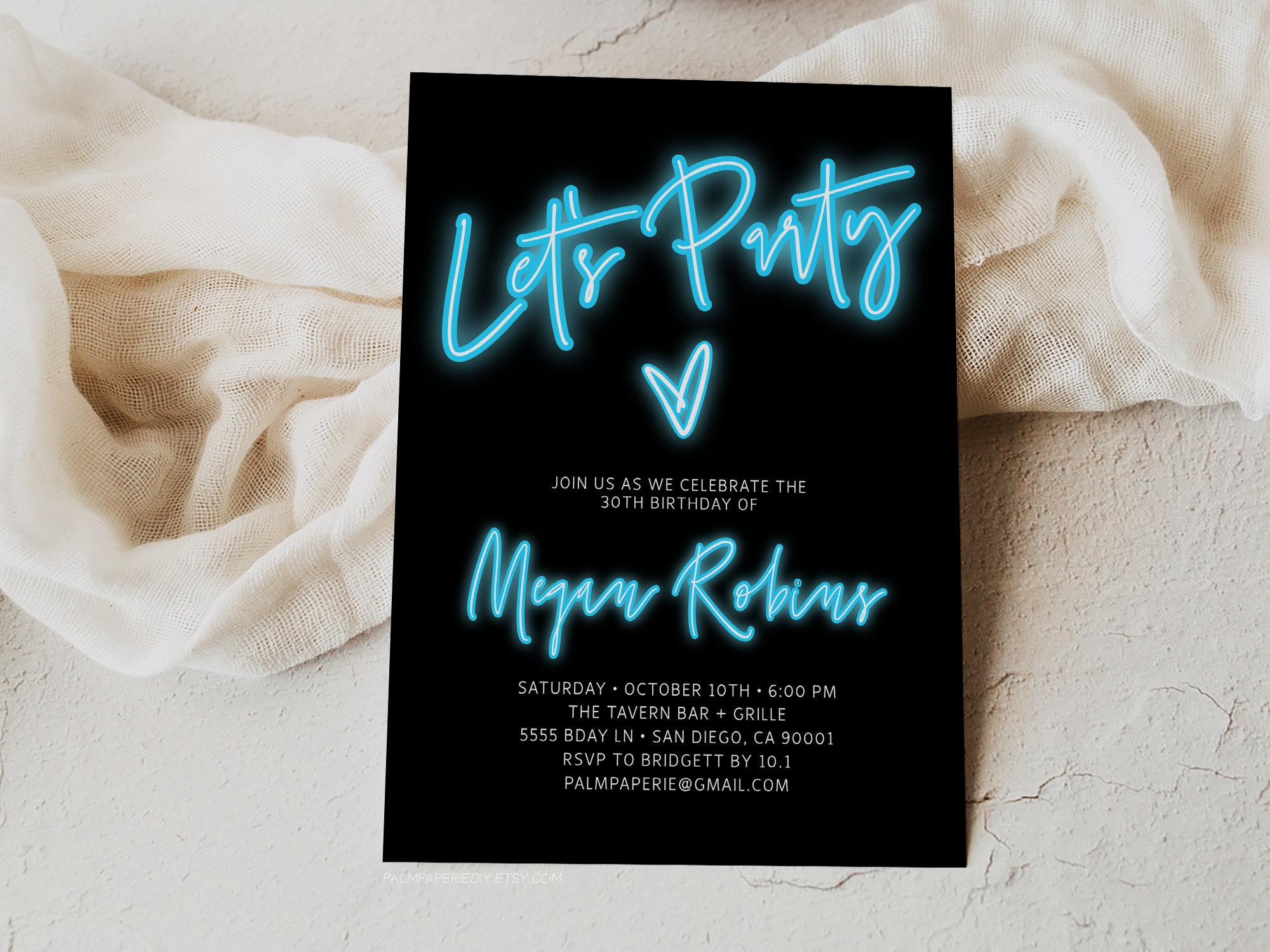 Blue Neon Light Invitation Birthday Party Invite Template | Etsy