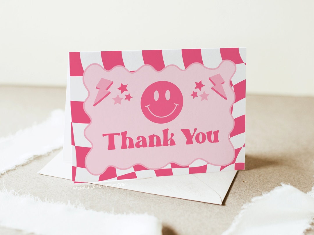 Pink Preppy Smile Thank You Card Template, Girl Birthday, Checkered ...