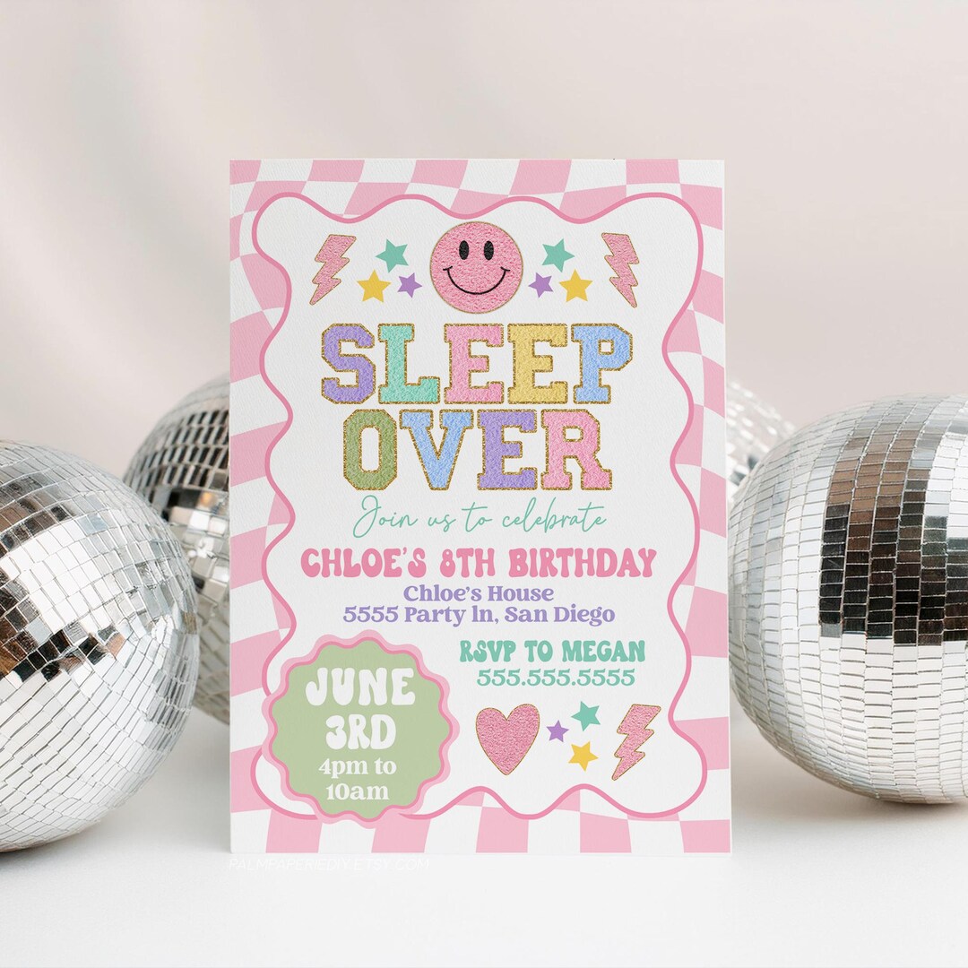 Sleepover Party Birthday Invitation, Preppy Bday Invite Girl, Patch ...
