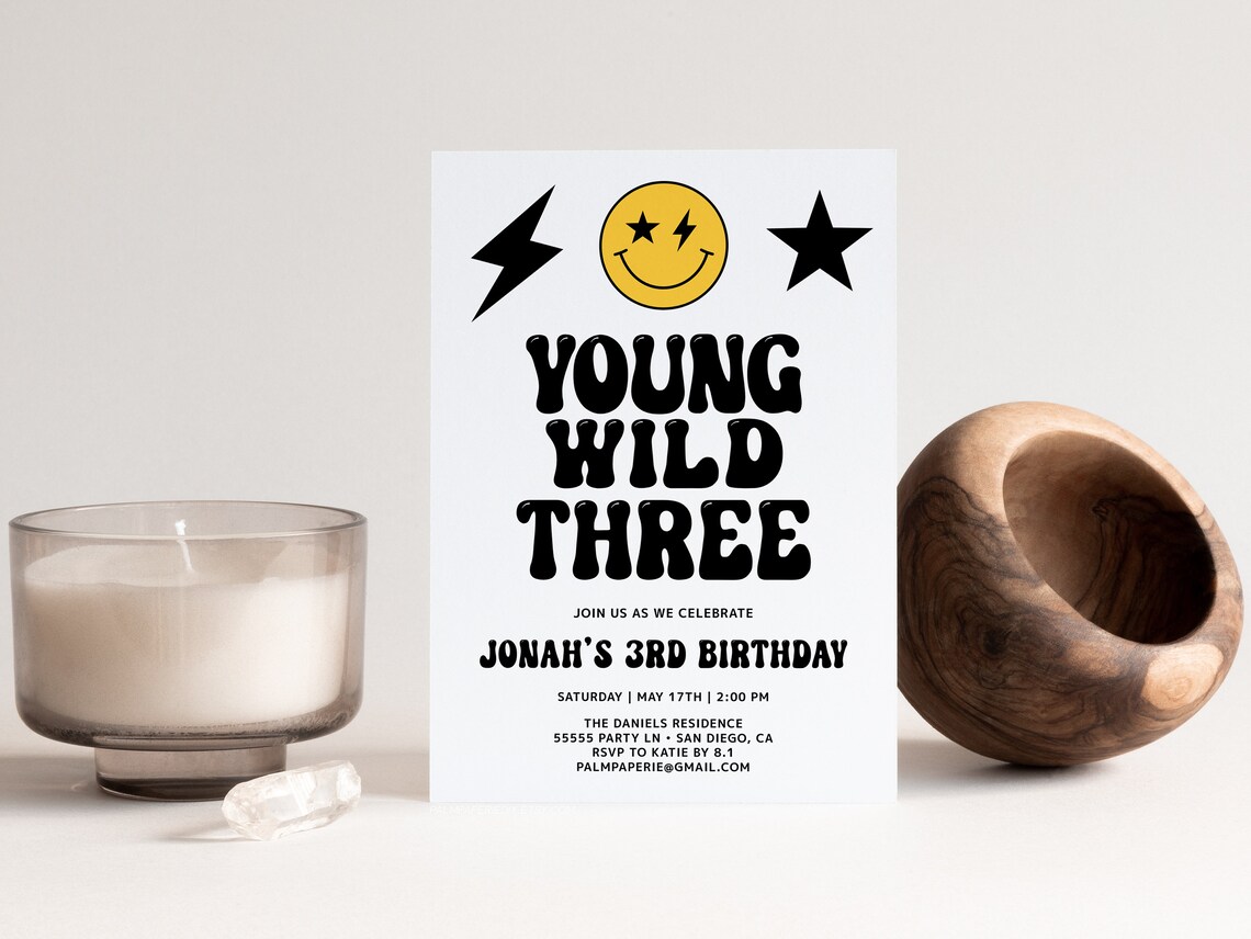 3rd Birthday Invitation, Young Wild Three Invites for Boy, Smile ...