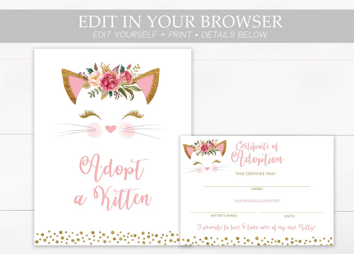 Kitten Adoption Certificate Birthday Party Games Cat Adopt - Etsy