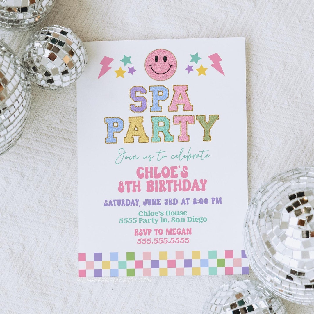 Spa Party Birthday Invitation Girl, Preppy Patch Letter, Smile, Pamper ...