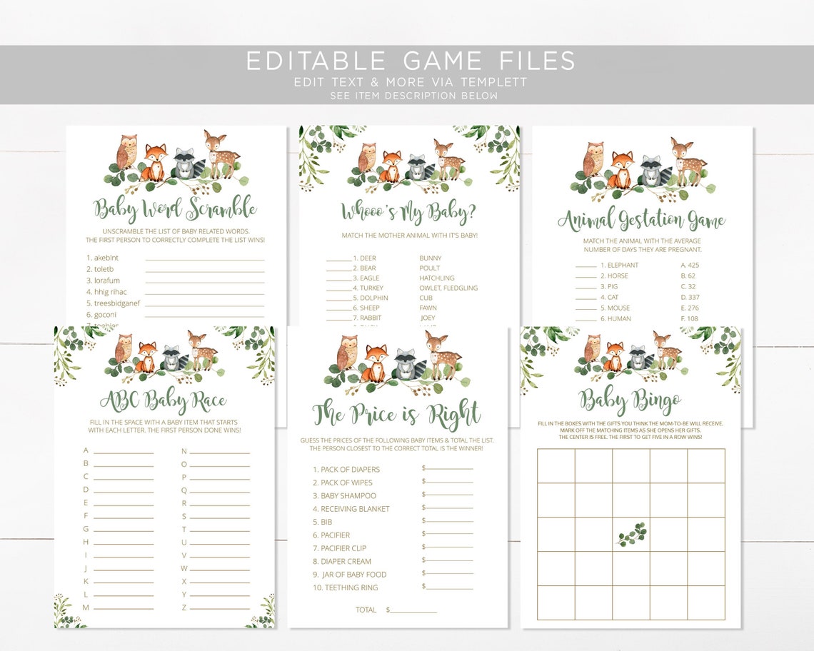 Woodland Baby Shower Games Game Bundle Instant Download - Etsy