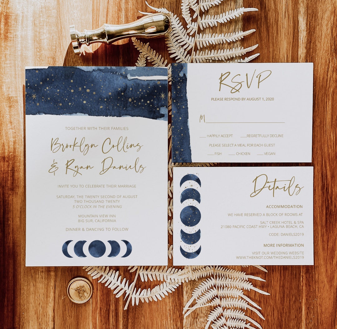 Celestial Wedding Invitation Suite, Moon Stars, Editable Template, Boho Bohemian Moon Phases ...