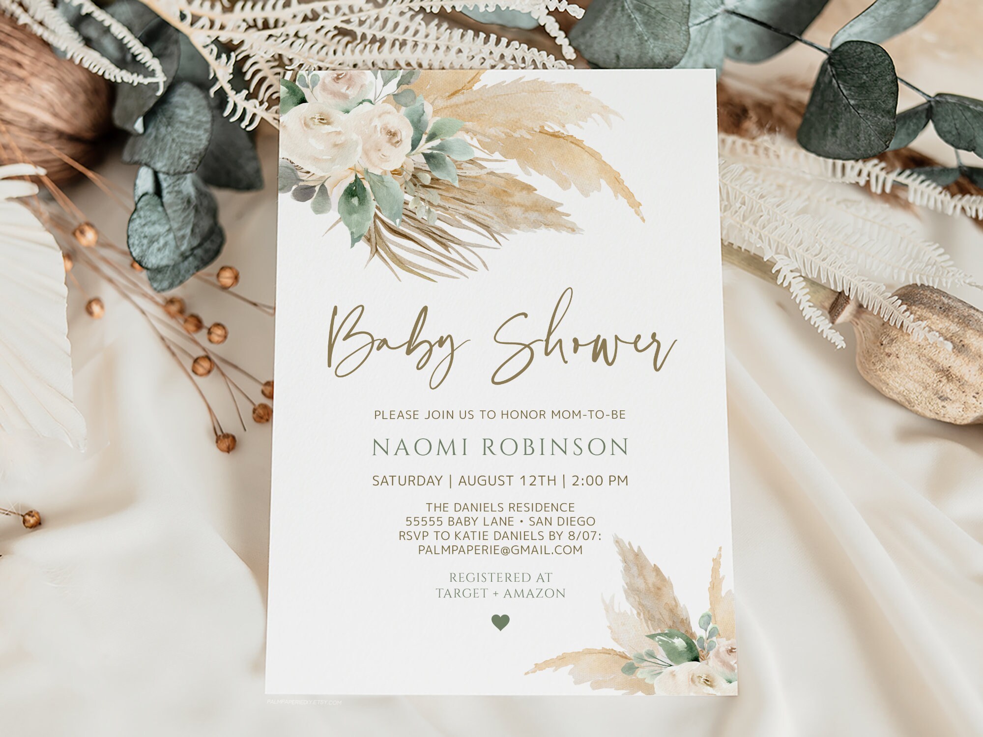 Invitations Paper Boho Girl Baby Shower Pampas Grass Baby Shower Invite 