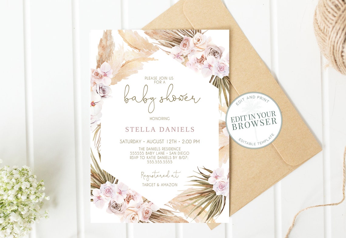 Baby Shower Invitation girl Boho Instant Download Pampas | Etsy