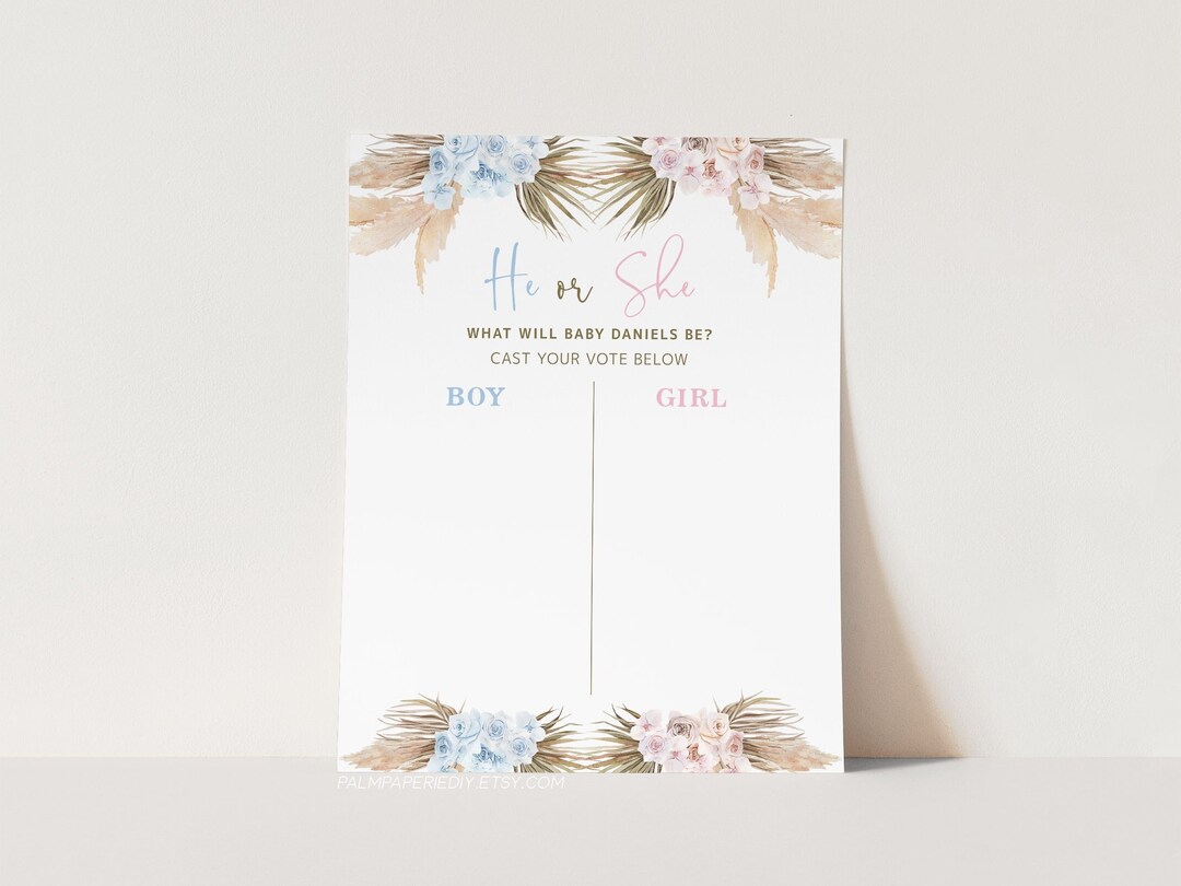 Gender Reveal Voting Board, Digital File Template, Pampas Grass, Boho ...