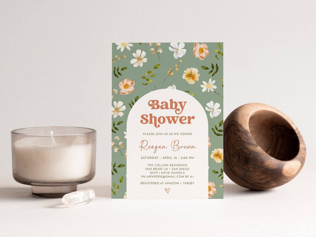 Floral Baby Shower Invitations Gender Neutral, Spring Invites, Sage ...