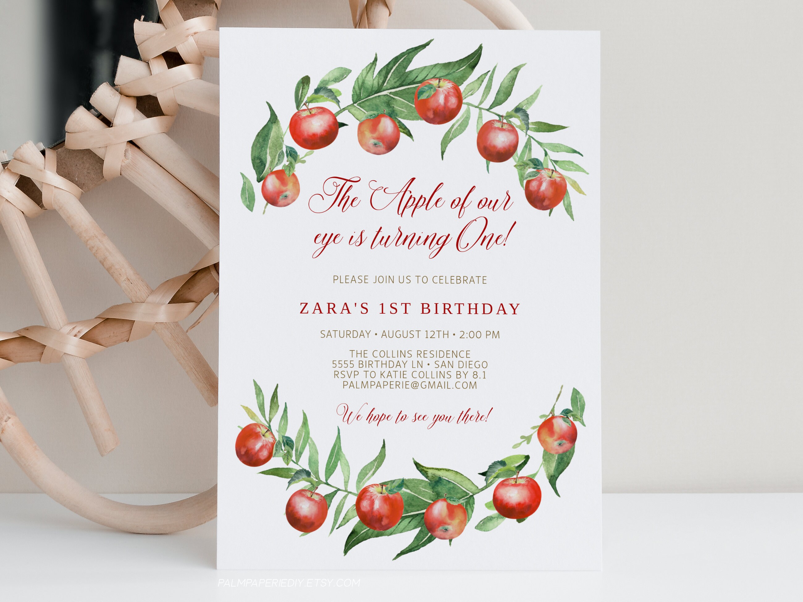 Apple Birthday Invitation Digital Download 1st Invites | Etsy