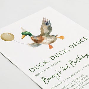 Duck 2nd Birthday Invitation, Duck Duck Deuce, Mallard Invite Template ...