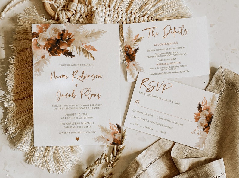 Rust Wedding Invitations Pampas Grass Editable Templates - Etsy Australia