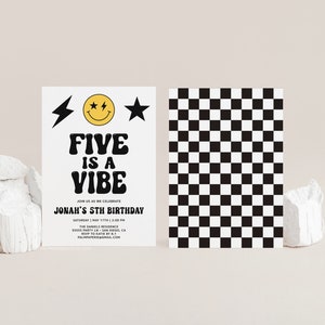5th Birthday Invitation Boy, Five is a Vibe, Smile, Happy Face Invites ...