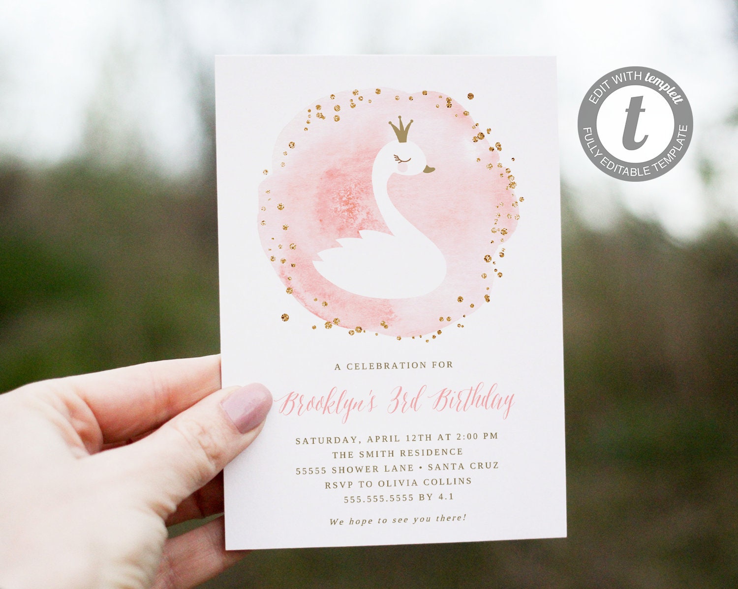 Swan Birthday Invitation Girl Swan Princess INSTANT - Etsy Australia