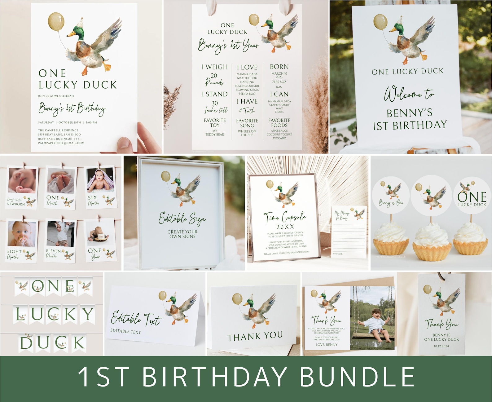 One Lucky Duck Invitation Bundle, 1st Birthday Party Template Package ...