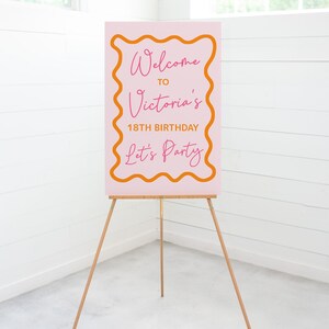 Wavey Birthday Party Welcome Sign Template, Retro Pink Orange Signage ...