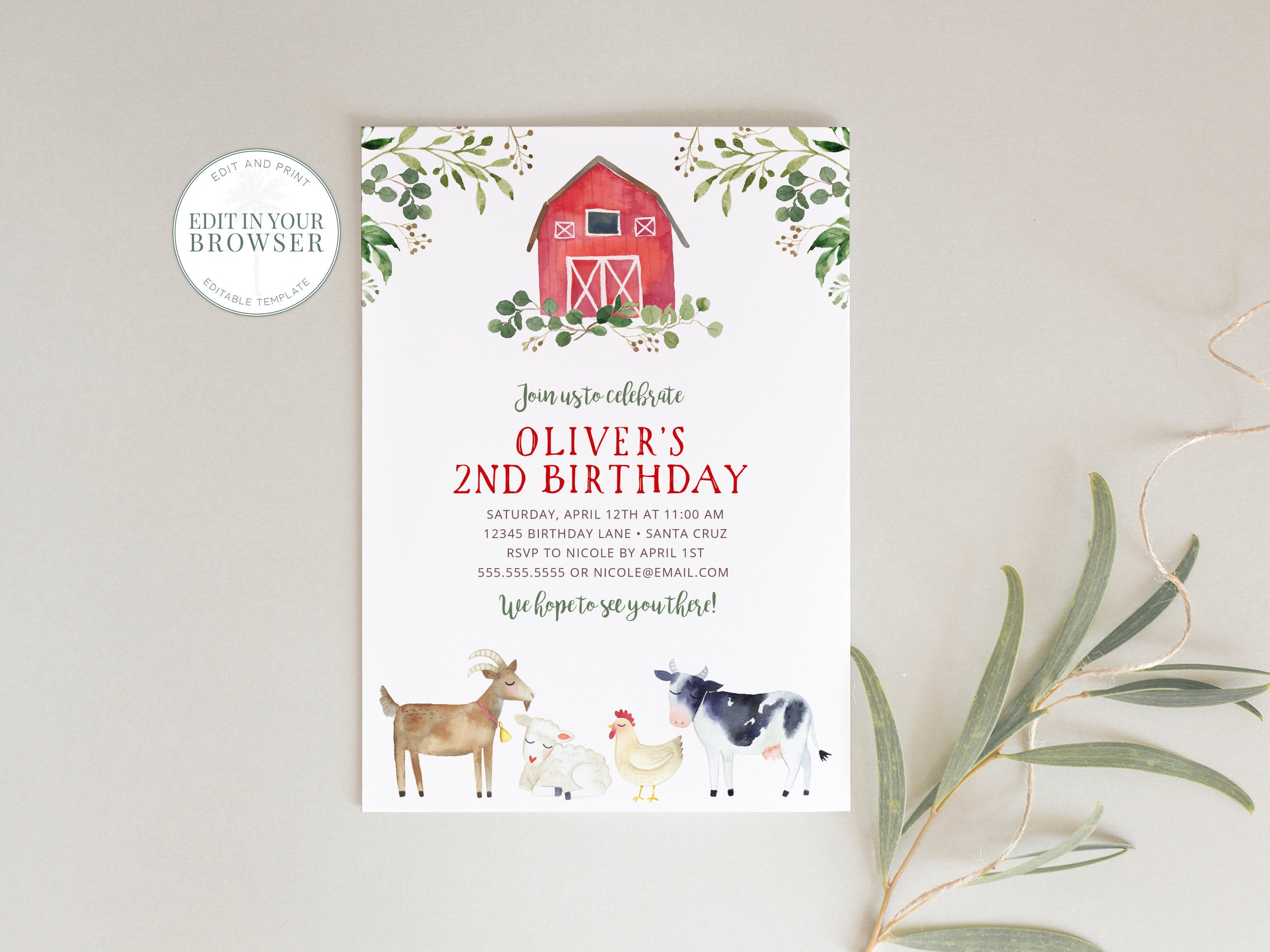 Invitations Paper First Birthday Invitations EDITABLE Farm Birthday ...