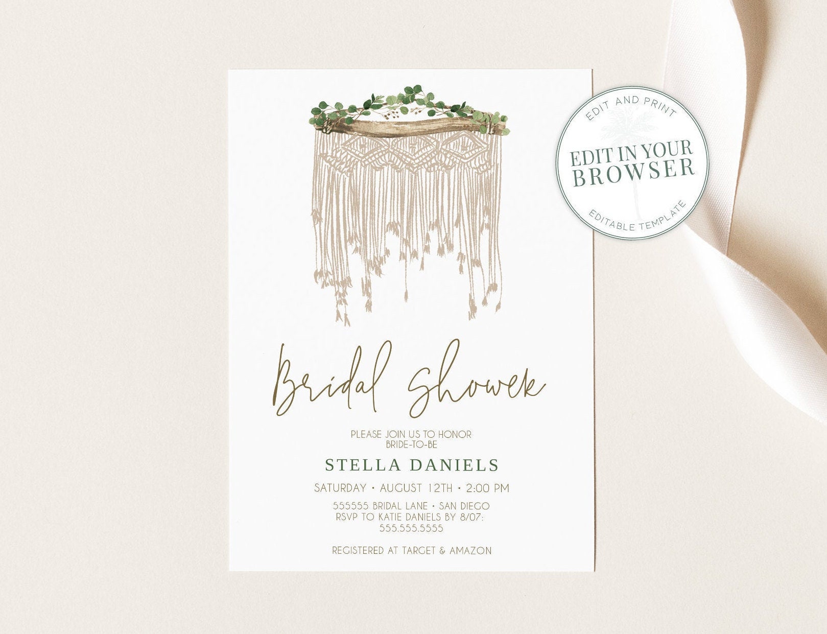 Boho bridal shower Invitation Instant Download Template | Etsy