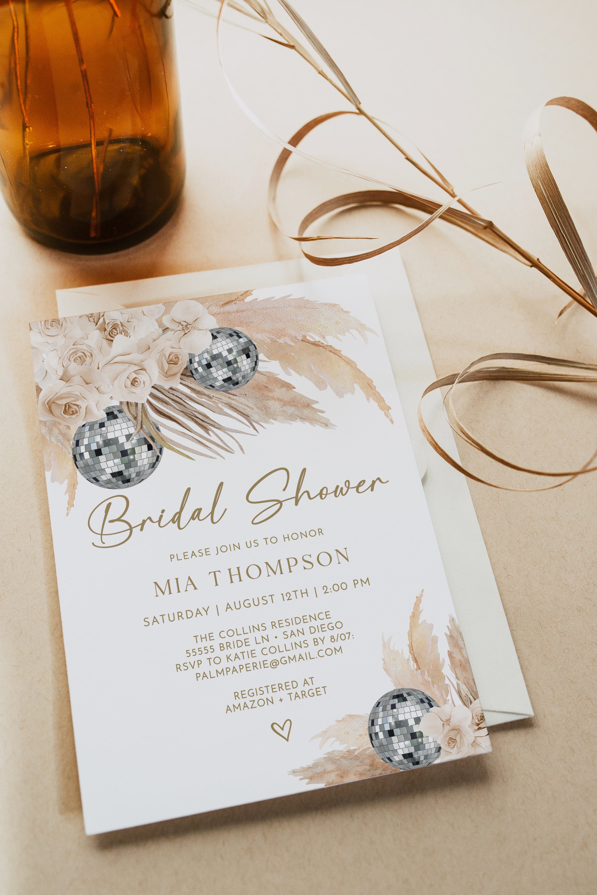 Bridal Shower Invitation Boho, Disco Pampas Grass, Neutral Bohemian ...