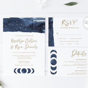 Celestial Wedding Invitation Suite, Moon Stars, Editable Template, Boho Bohemian Moon Phases ...