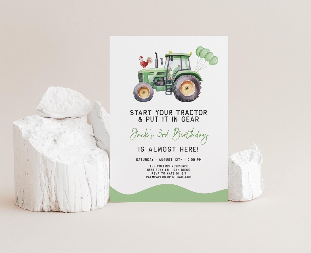 Tractor Birthday Invitation Boy, Kids Bday Invite Template, Green ...