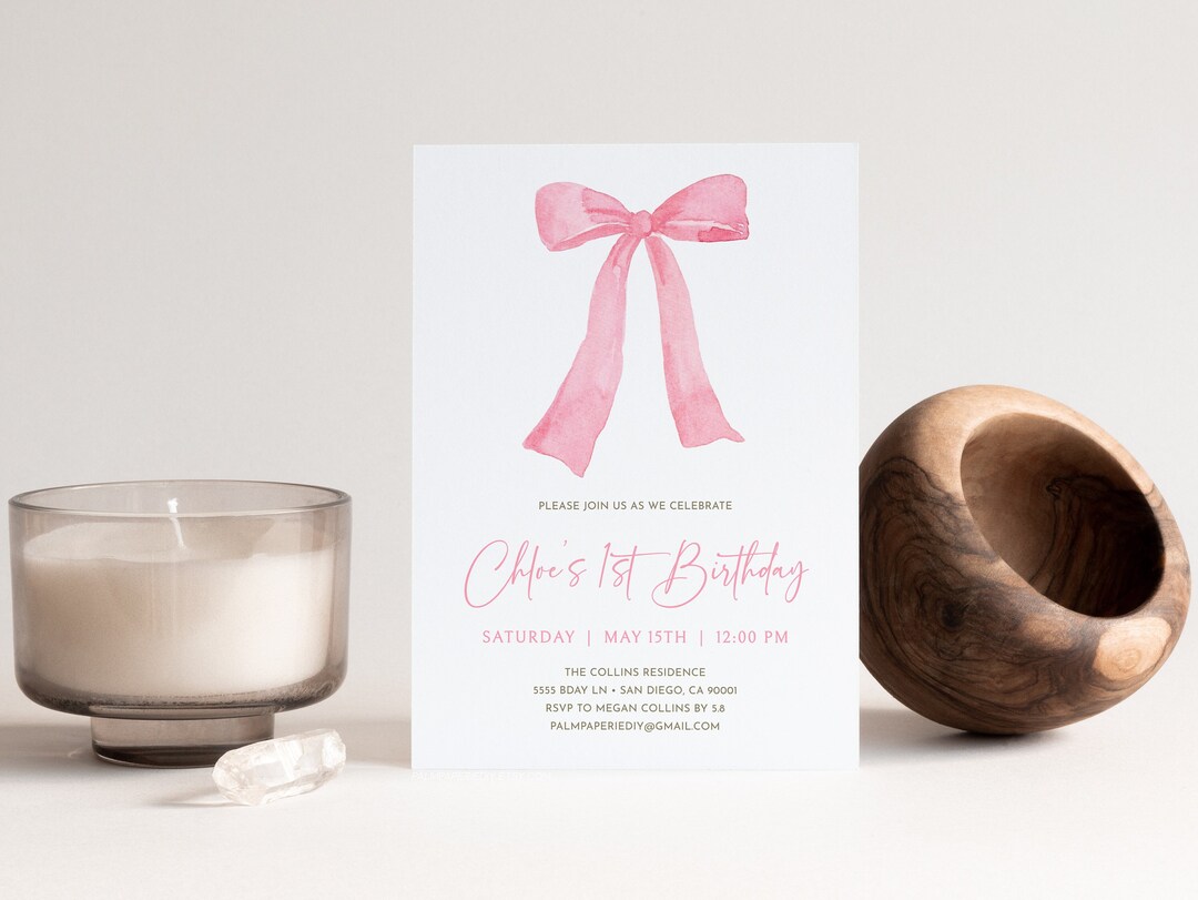 Bow Birthday Invitation Girl, Digital Download Template, Ribbons Bows ...