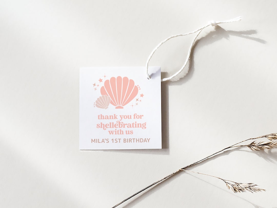 Shellebrate Birthday Favor Tag, Sea Shell Beach Theme, Pink Neutrals ...