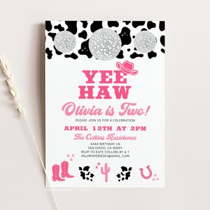 Disco Cowgirl Birthday Invitation, Editable Template, Space Cow Print ...