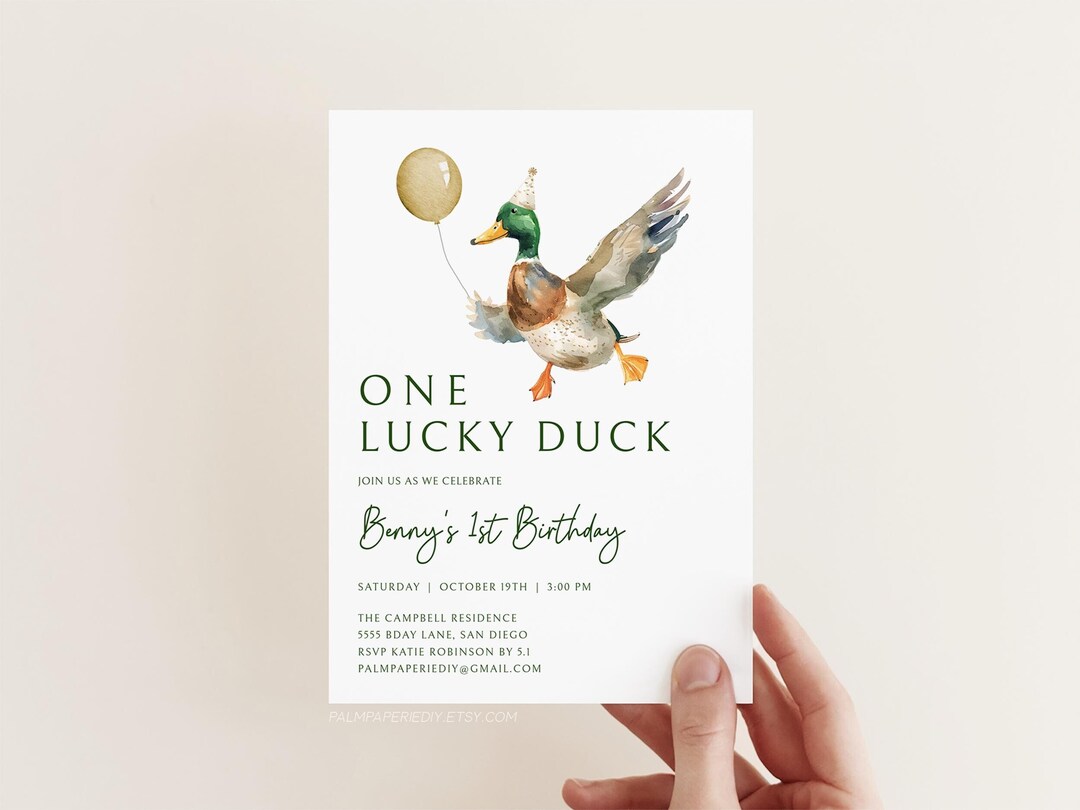 One Lucky Duck Invitation Template, Mallard Duck 1st Birthday Invite ...