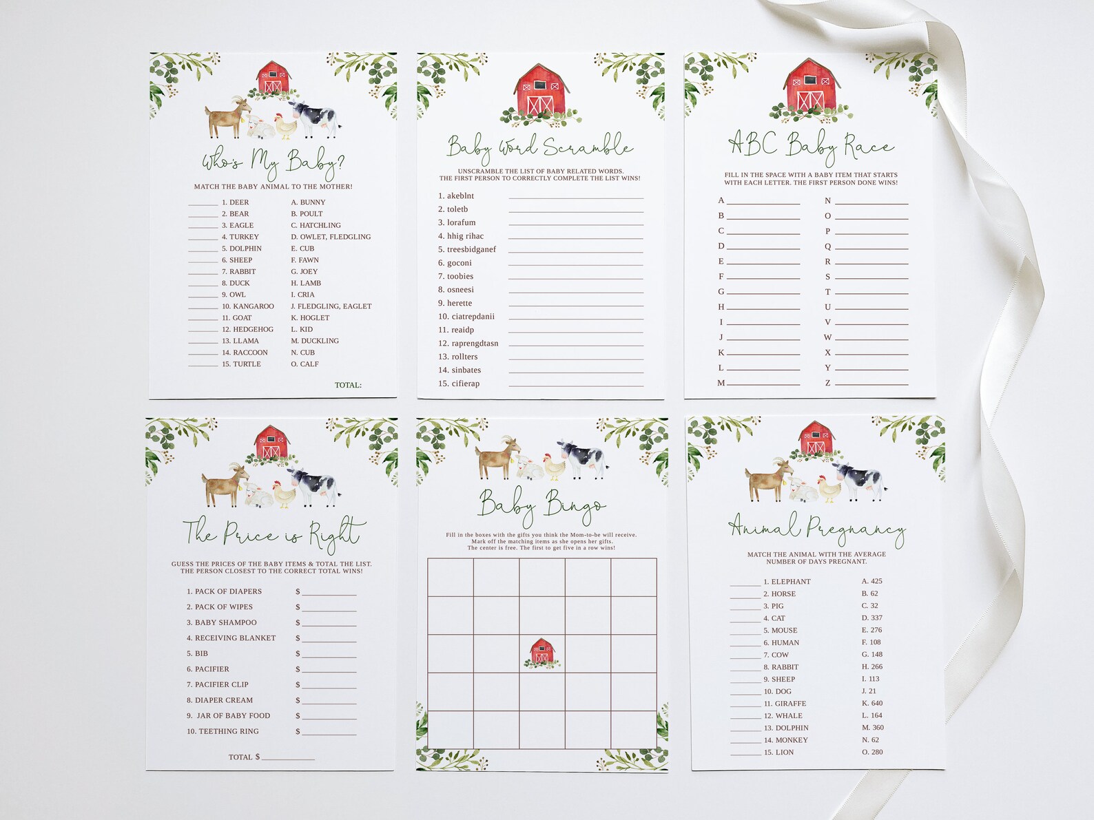 Farm Baby Shower Games Bundle Instant Download Barnyard | Etsy