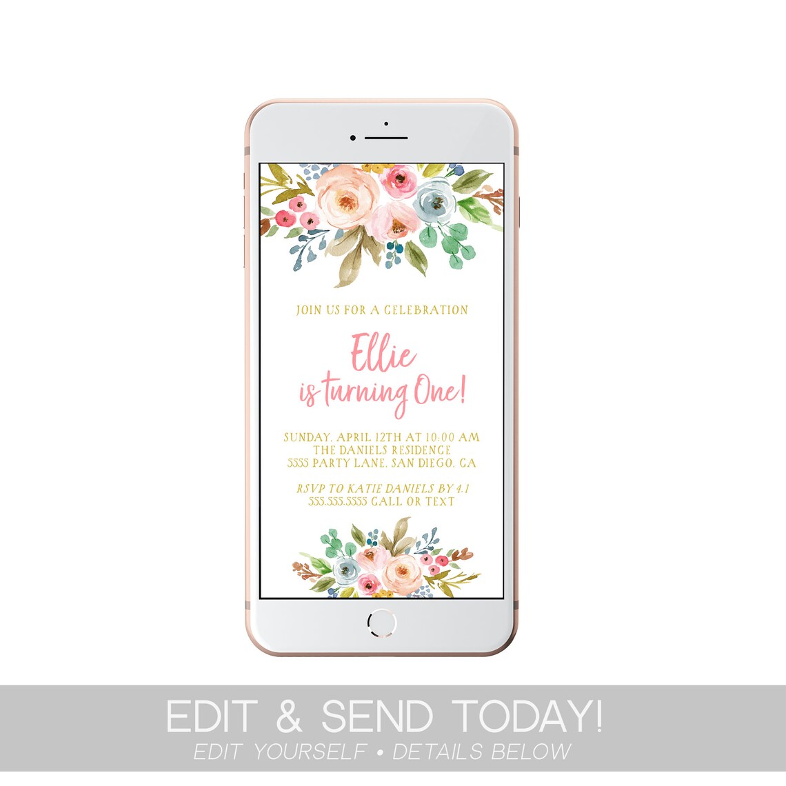 Electronic Birthday Invitation Template 1st Floral Text - Etsy