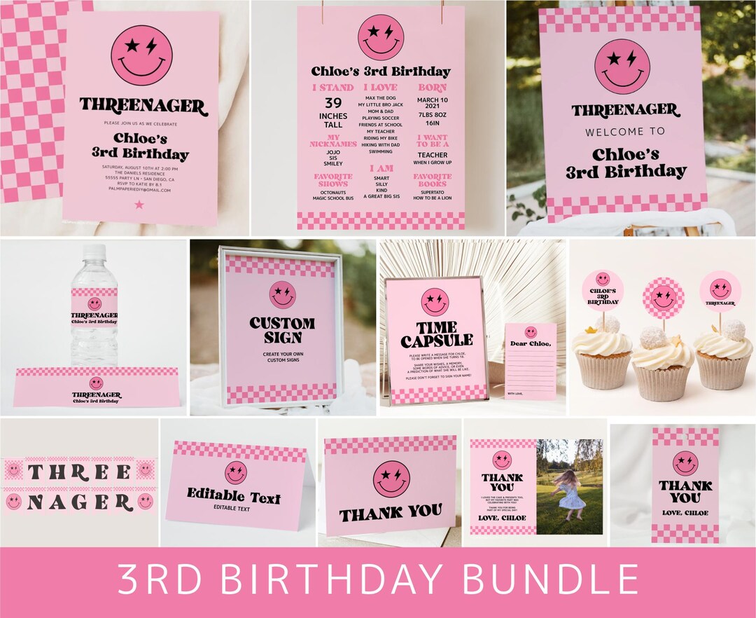 Threenager Birthday Invitation Bundle, Girl, 3rd Bday, Party Package ...