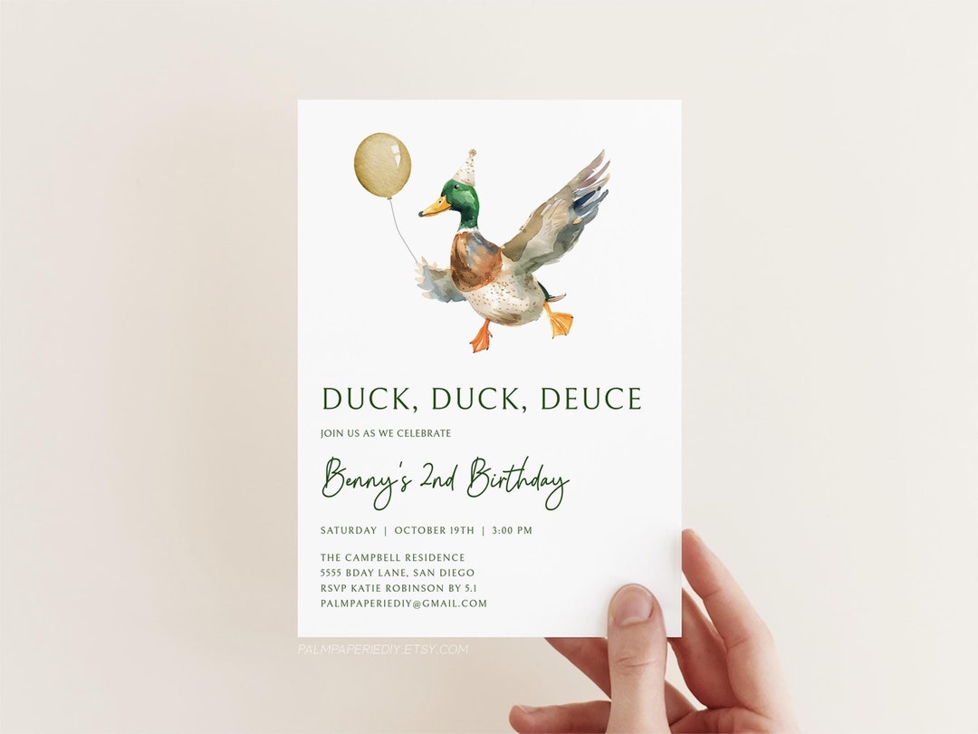 Duck 2nd Birthday Invitation, Duck Duck Deuce, Mallard Invite Template ...