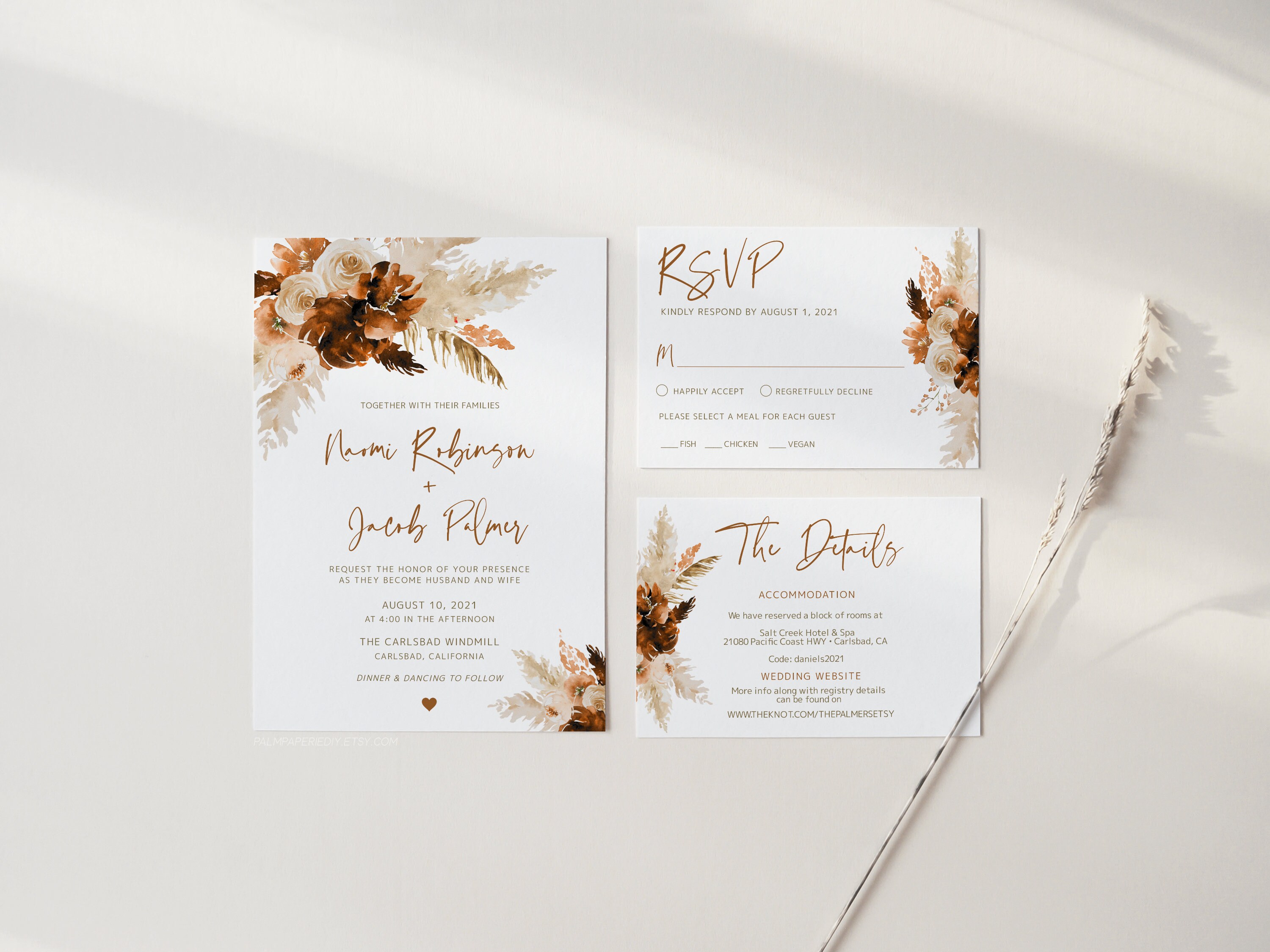 Rust Pampas Grass Wedding Invitations, Bohemian Editable Template ...
